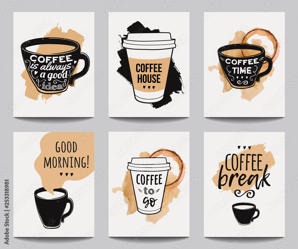 Vector set of modern posters with coffee backgrounds. Trendy hipster ...