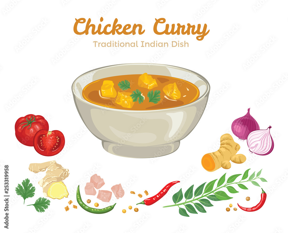 Chicken curry. Traditional Indian dish in ceramic bowl and set of ...