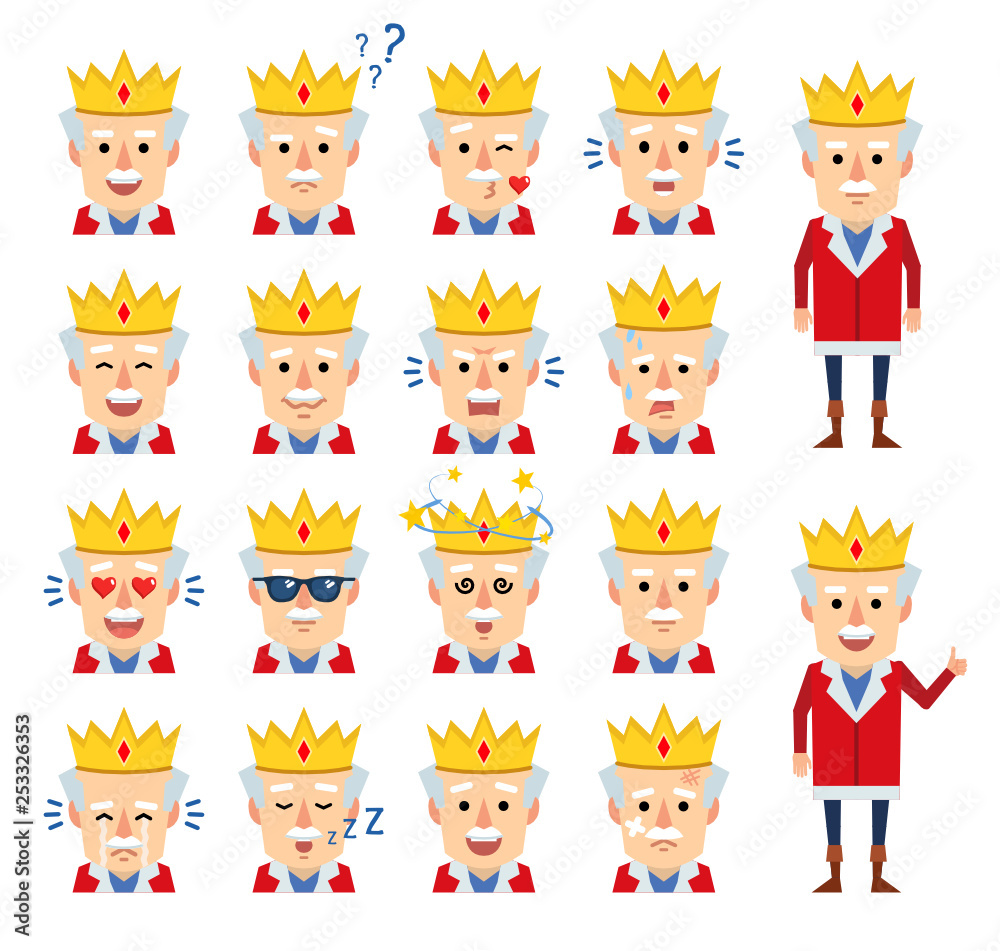 Set of old king emoticons showing various facial expressions. Cheerful ...