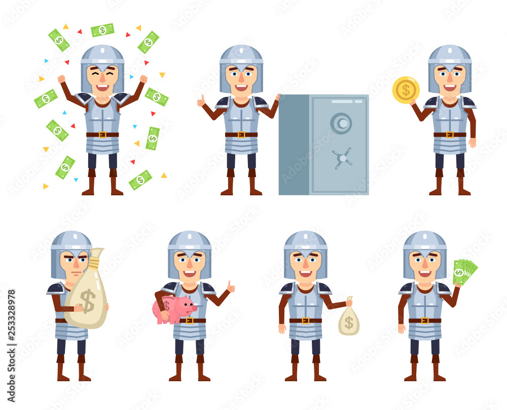 Set of medieval knight characters posing with money in different ...