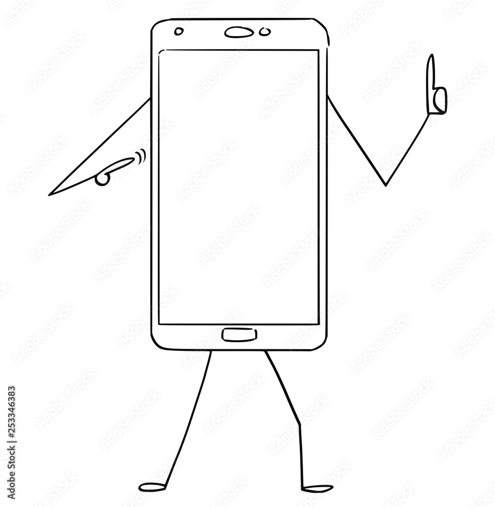 Cartoon stick figure drawing conceptual illustration of mobile phone ...