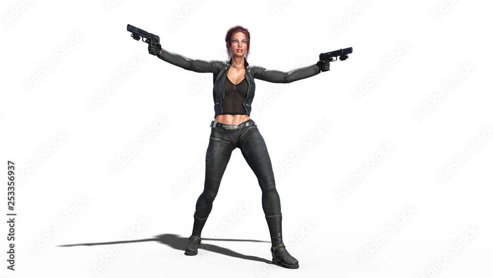 Action girl shooting guns, redhead woman in leather suit with hand ...