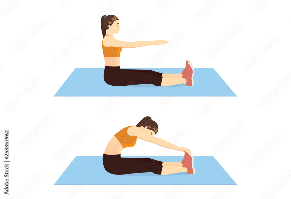 Woman Doing Stretch Exercise With Toe Touch While Sitting On Blue Mat