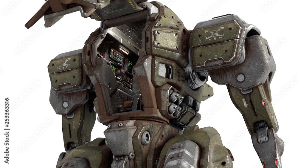 Fighting mech with an open cockpit door. Mech controlled by a pilot ...