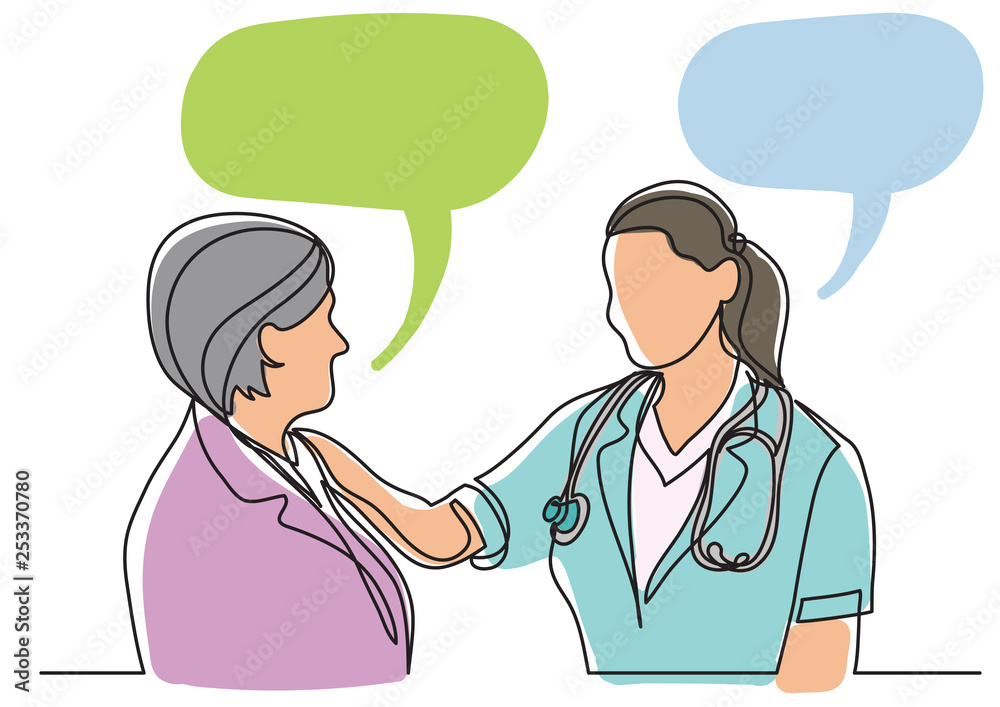 continuous line drawing of doctor and woman patient talking Stock ...
