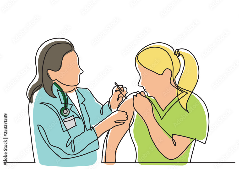 continuous line drawing of doctor making vaccination shot to woman ...
