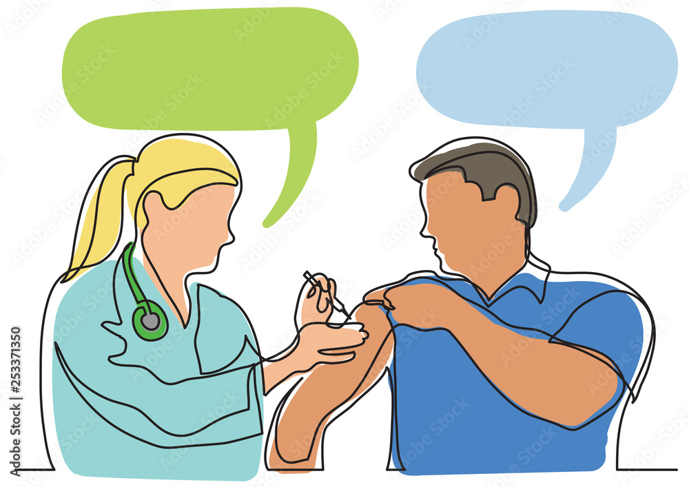 continuous line drawing of doctor making vaccination shot to man Stock ...