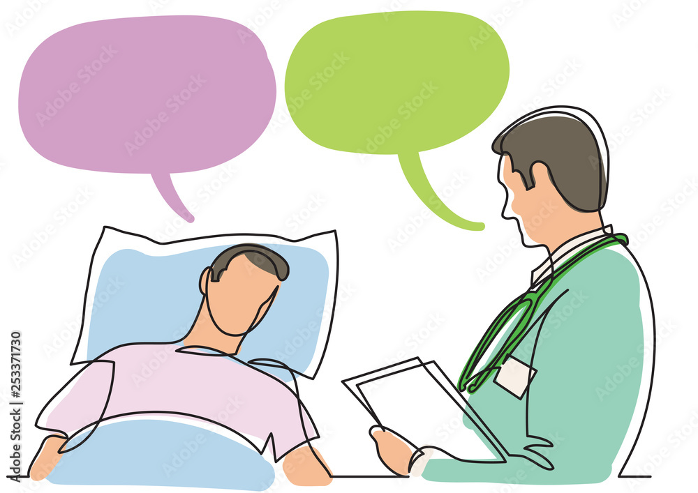 continuous line drawing of doctor talking with patient lying in bed ...
