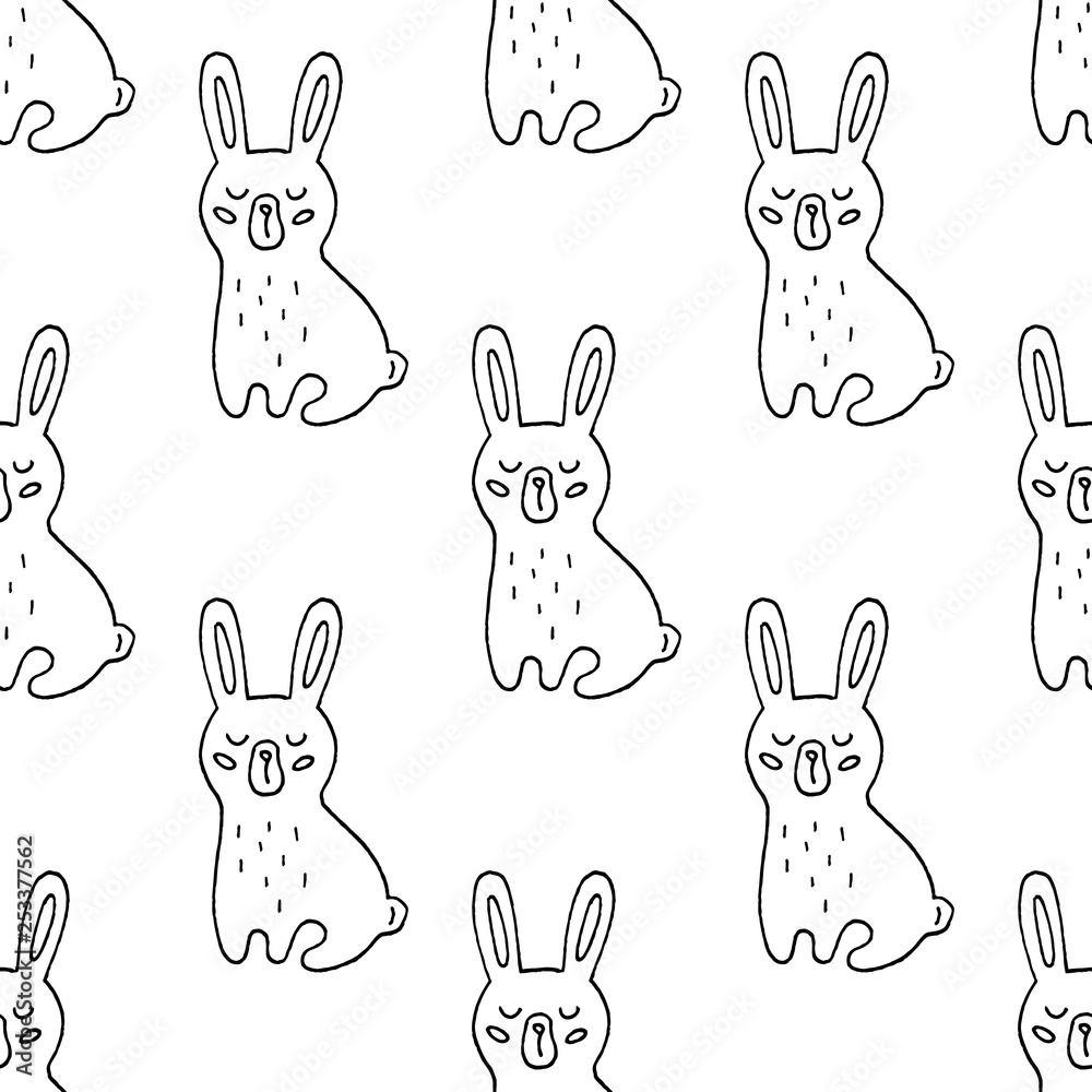 Cute cartoon bunny pattern with hand drawn bunnies. Sweet vector black ...