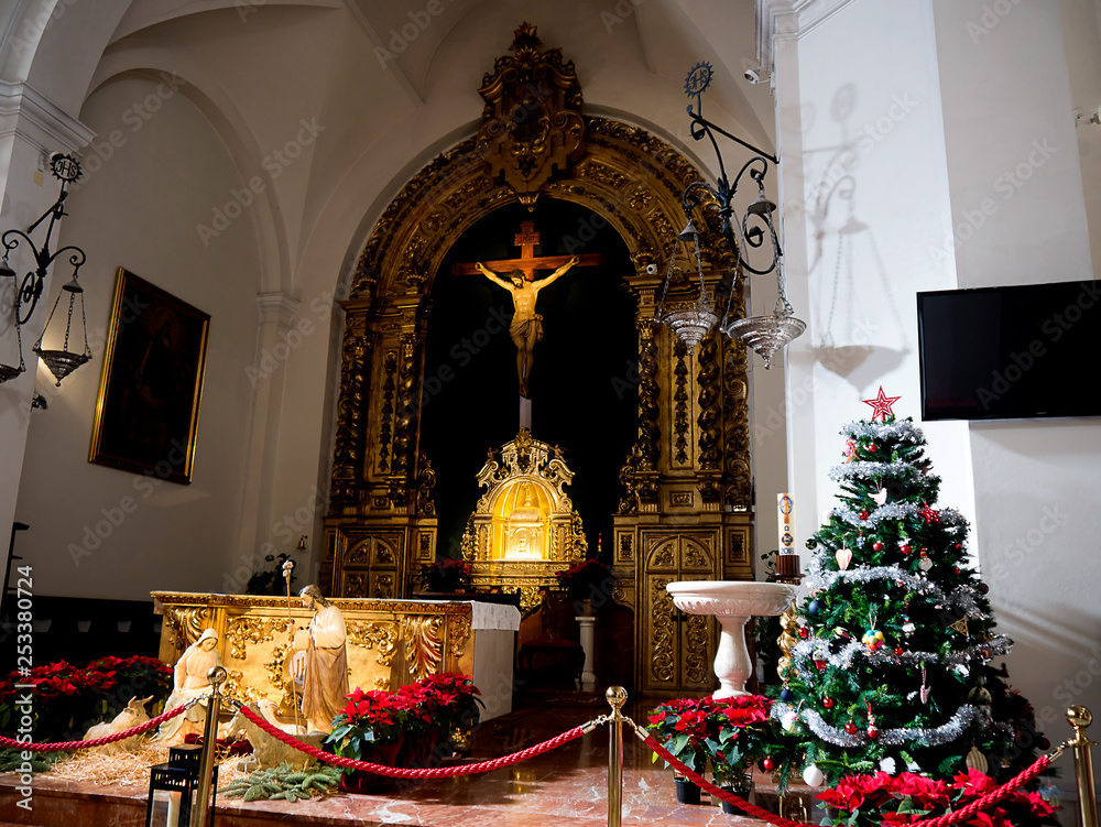 Church decorated for Christmas in Nerja Spain with Holy Family Crib ...
