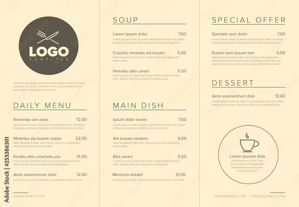 Pale Yellow Restaurant Menu Layout with Line Art Illustrations Stock ...