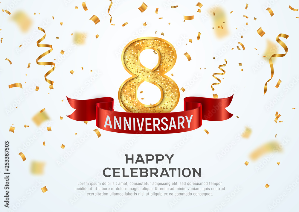 8 years anniversary vector banner template. Eight year jubilee with red ...