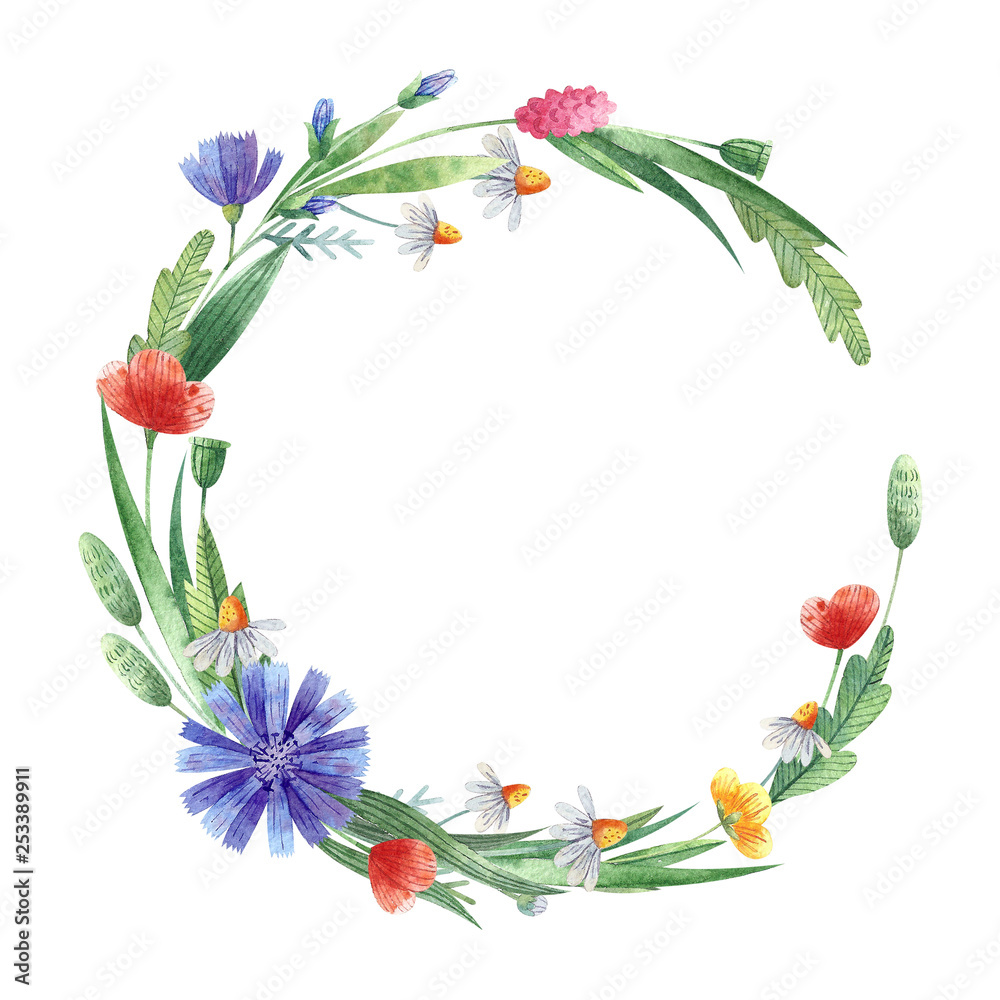 Watercolor floral wreath with meadow flowers. Isolated clipart for ...