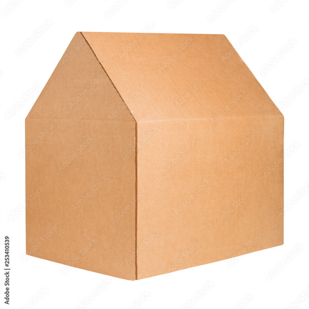 Cardboard house isolated on white background. Cardboard home concept ...