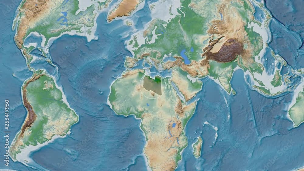 Libya area presented against the global physical map in the Kavrayskiy ...