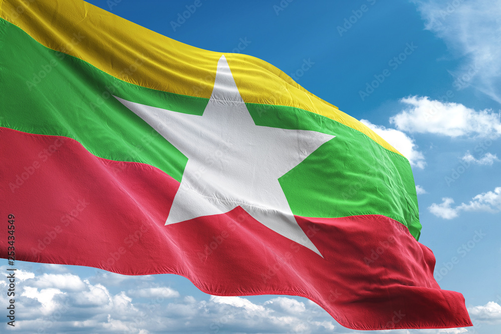 Myanmar flag waving sky background 3D illustration Stock Illustration ...