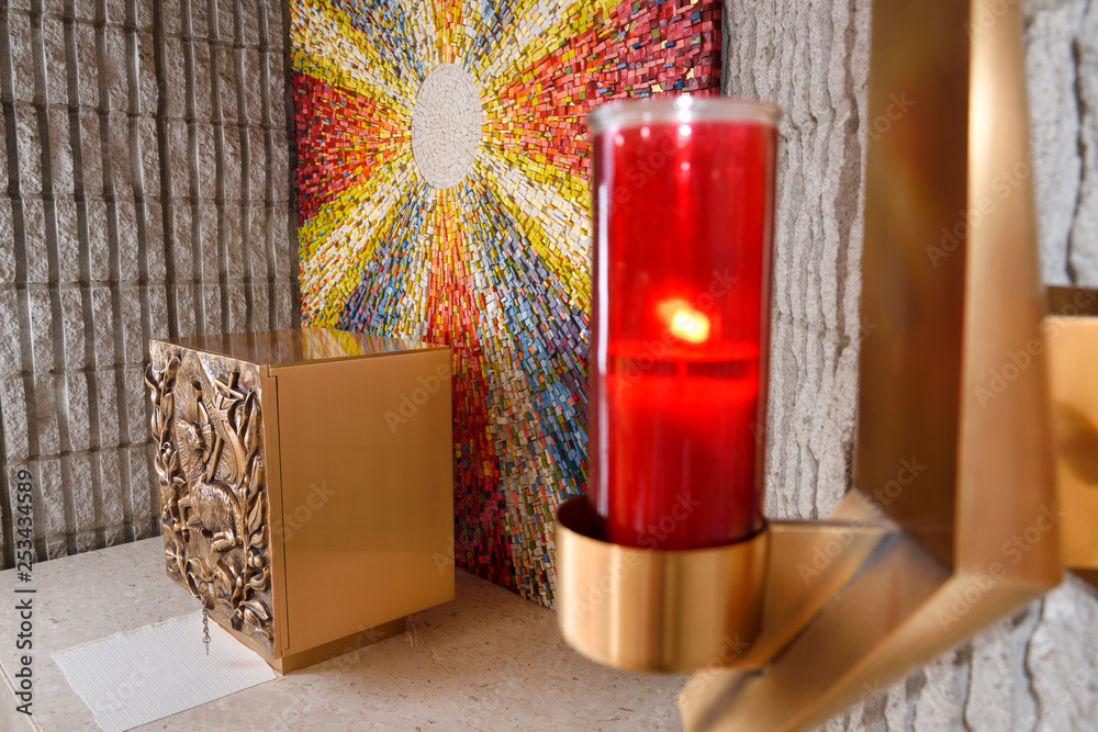 Red Sanctuary Lamp or Eternal Flame at the Tabernacle with bronze Lamb ...