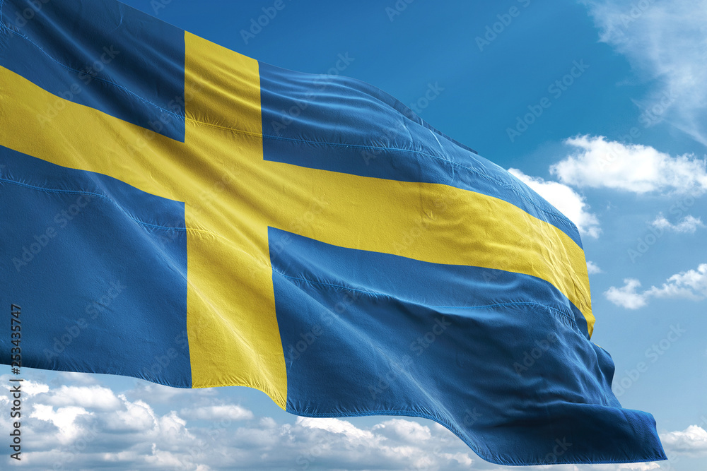 Sweden Flag Waving Sky Background 3d Illustration Stock Illustration
