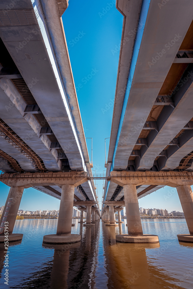 Han river with Mapogyo Bridge at Yeouido Hangang Park in Seoul, Korea ...