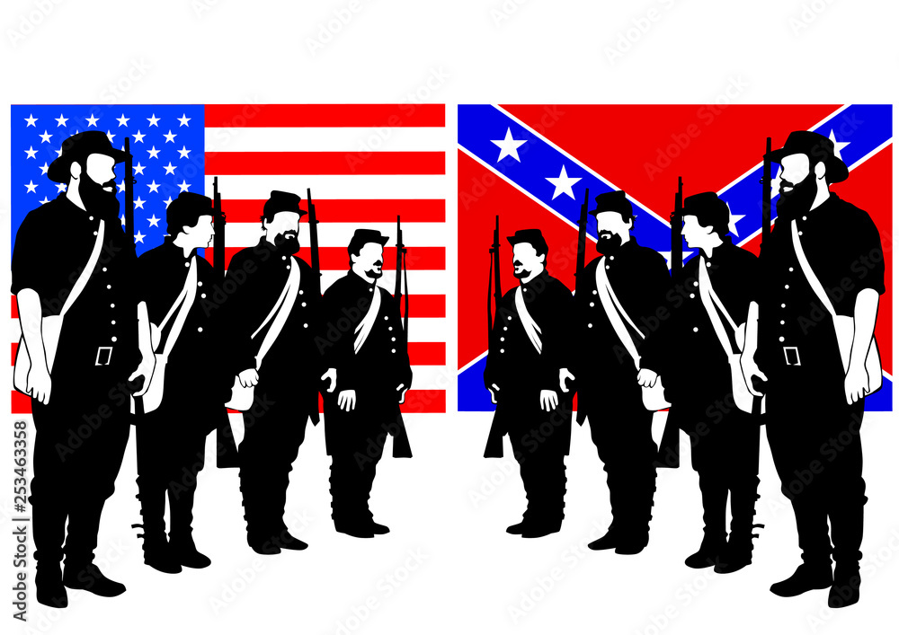 American soldiers in uniform of civil war times on white background ...