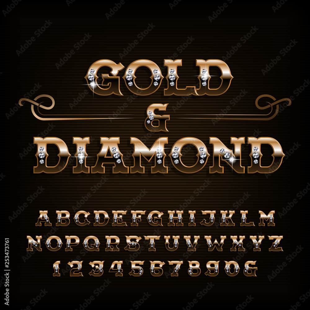 Gold & diamond alphabet font. Ornate golden letters and numbers with ...