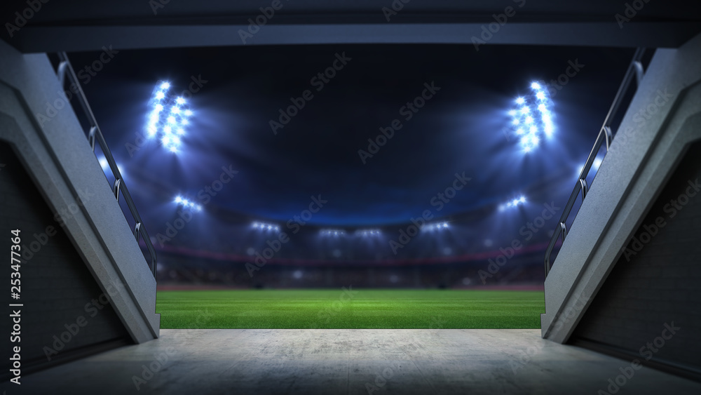 player entrance to illuminated stadium full of fans, football stadium ...