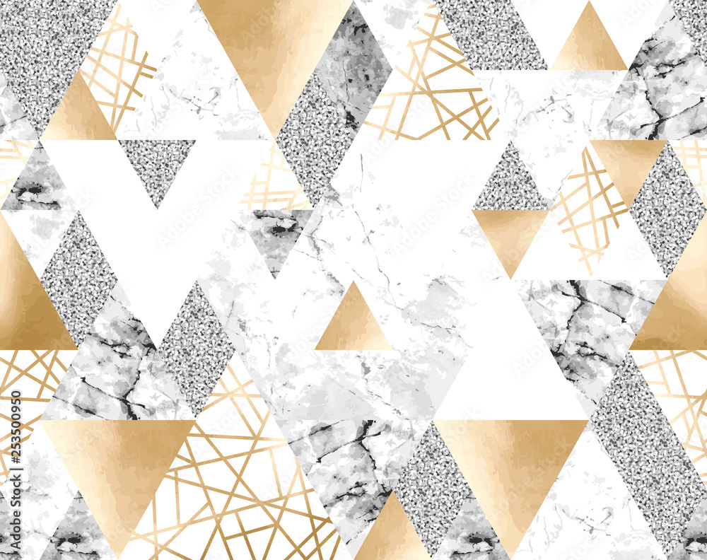 Seamless geometric pattern with gold metallic lines, silver glitter ...