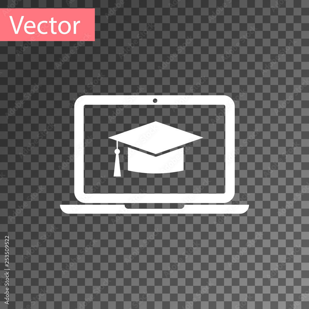 White Graduation cap on screen laptop icon isolated on transparent ...