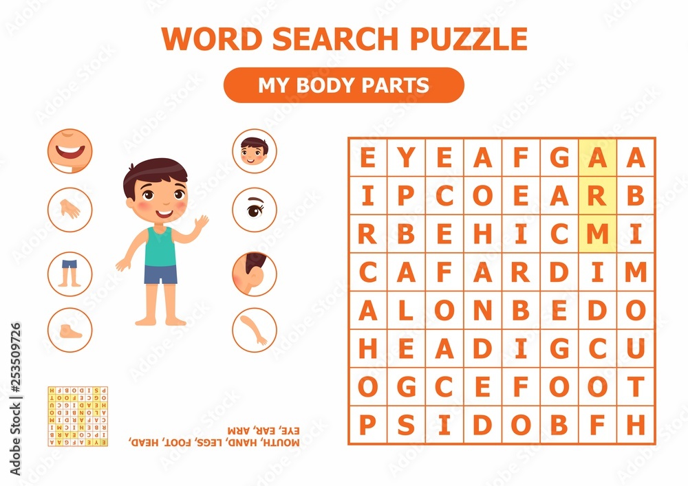 Word search puzzle. My body parts - anatomy for children. Cartoon ...