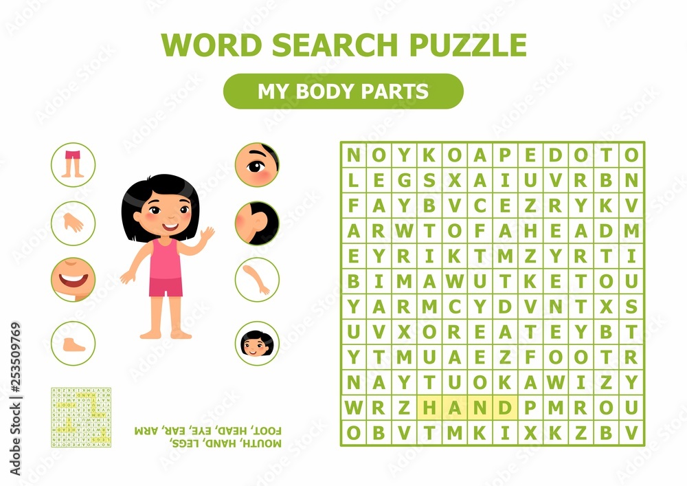 Word search puzzle. My body parts - anatomy for children. Cartoon ...