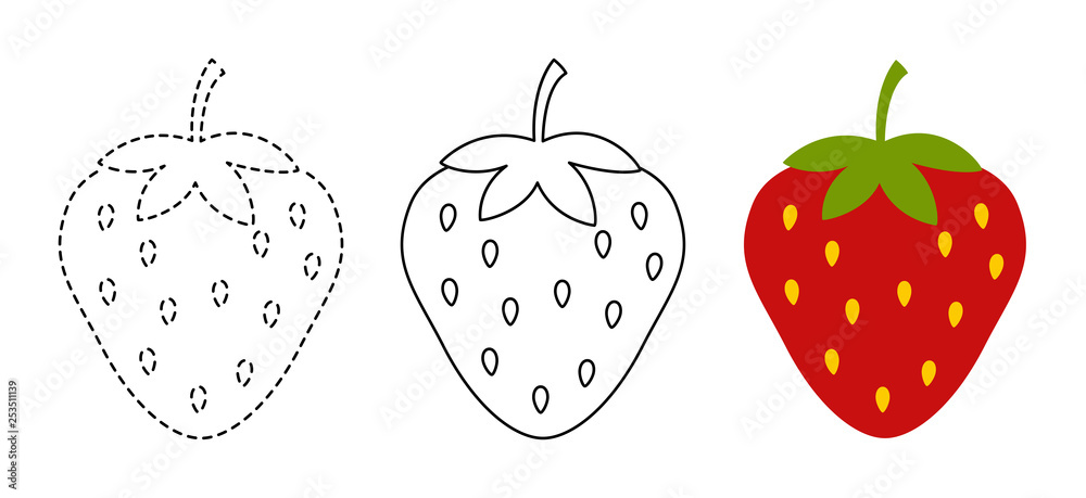 Strawberry to be colored and trace line educational game for kids Stock ...