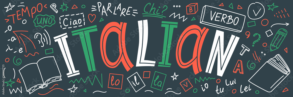 Italian. Language hand drawn doodles and lettering. Stock Vector ...