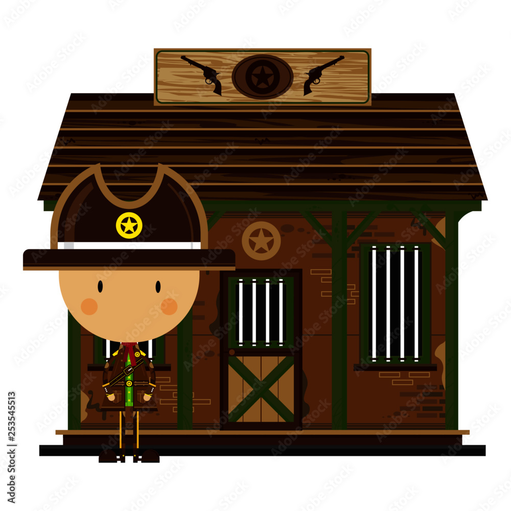 Cute Cartoon Wild West Cowboy Sheriff Outside the Jail Stock Vector ...