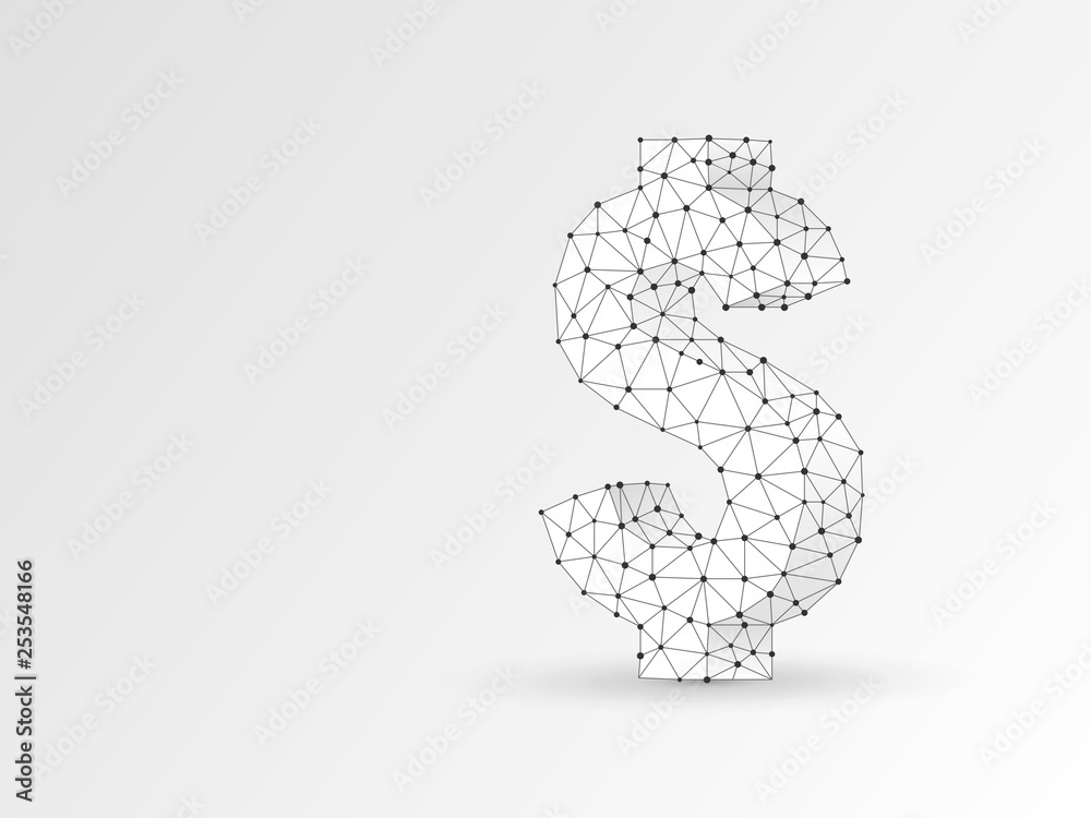 USD dollar wireframe digital 3d illustration. Low poly business, data ...