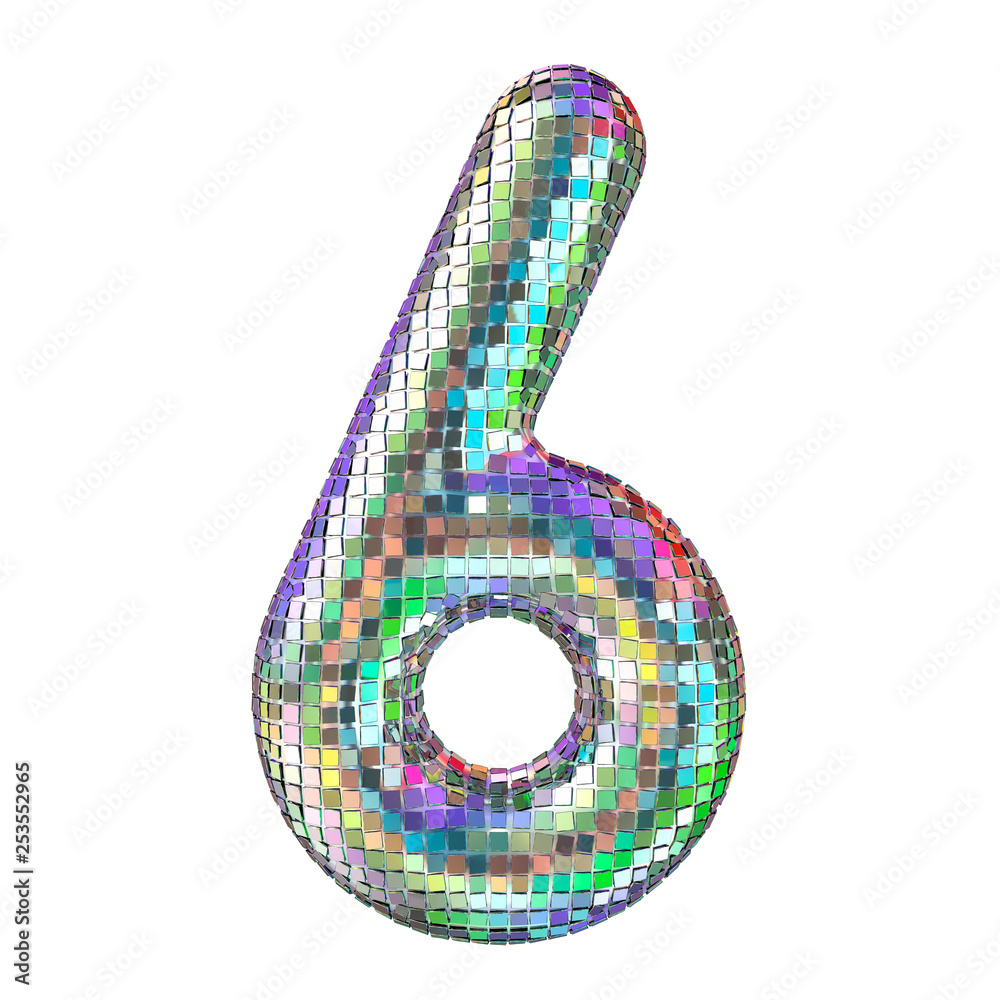 Disco font, number 6 from glitter mirror facets. 3D rendering Stock ...