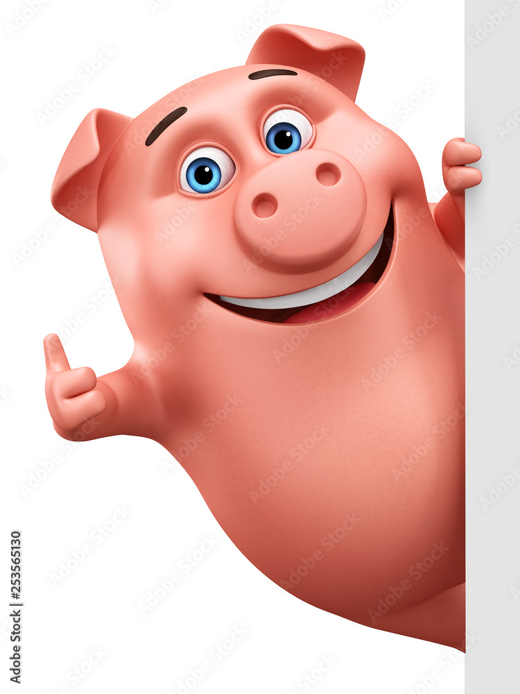 Cartoon pig character shows thumb up on a white background. 3d ...
