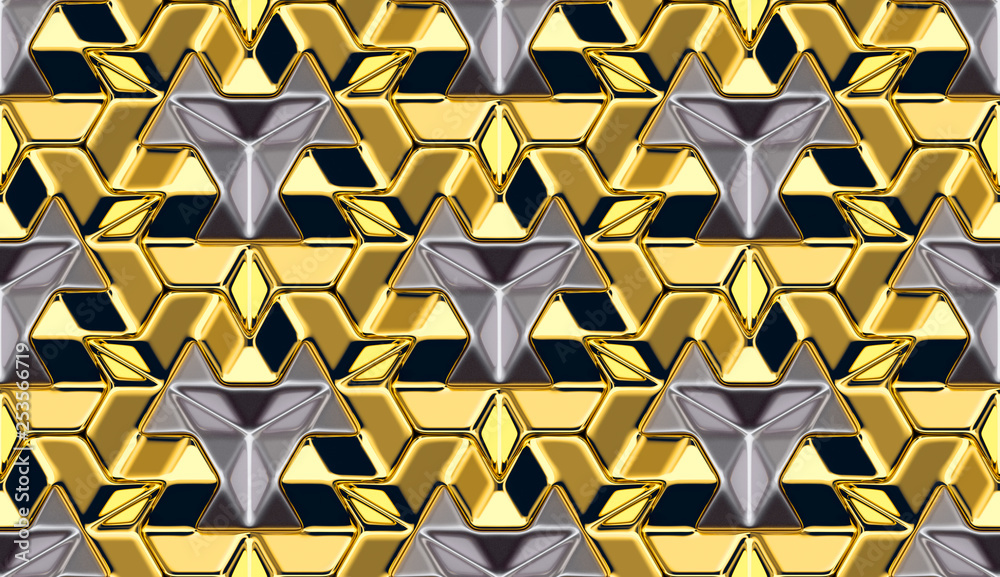 3D wall gold panels with metallic elemets. Shine geometric modules ...