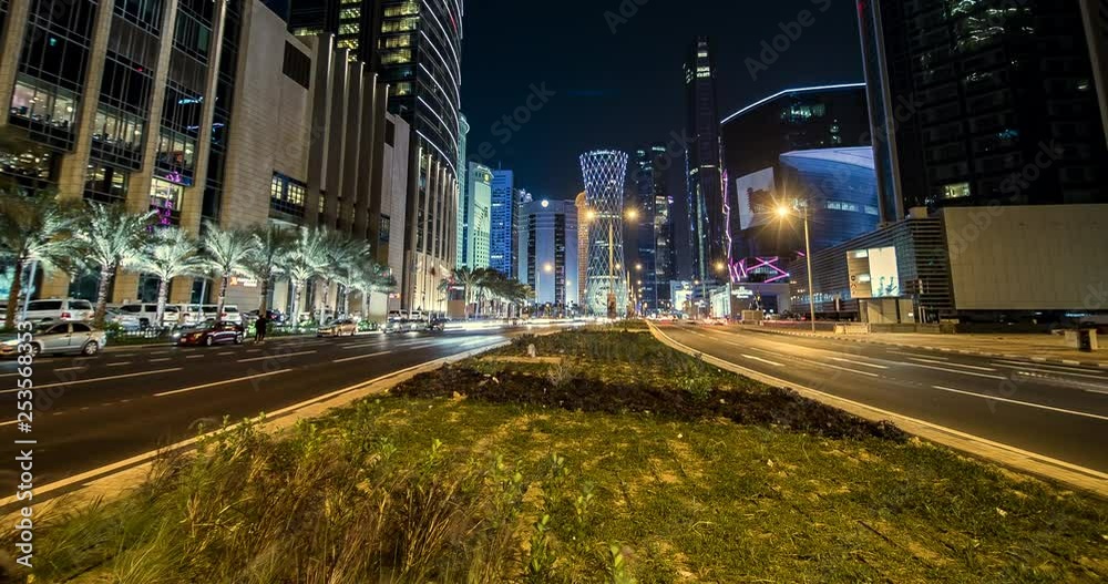 The skyline of Doha. Doha at night Time-lapse, Qatar. Wide shot, Modern ...