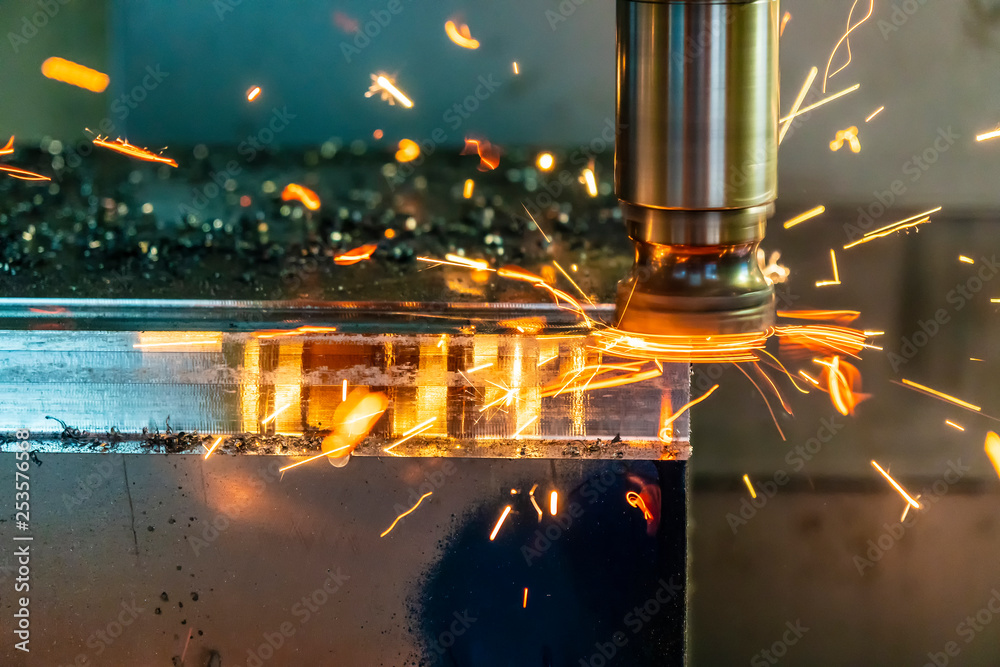 The hot chip on CNC machine from tool wear. The CNC milling machine ...