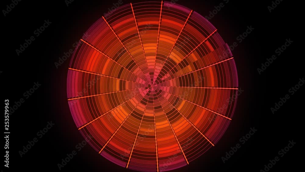 Abstract red circle devided into sectors rotating and shimmer endlessly ...