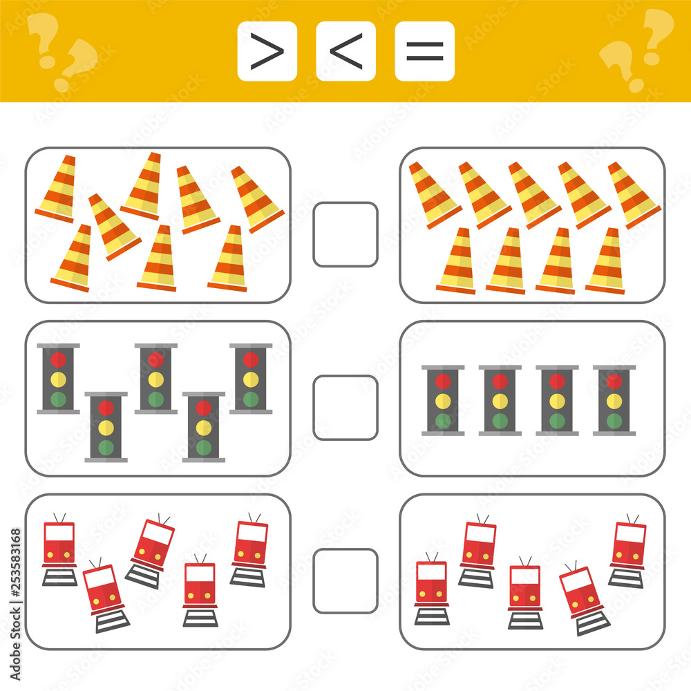 Learning mathematics, numbers - choose more, less or equal. Tasks for ...