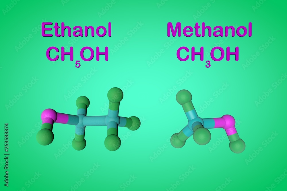 Structural chemical formulas and models of ethanol and methanol ...