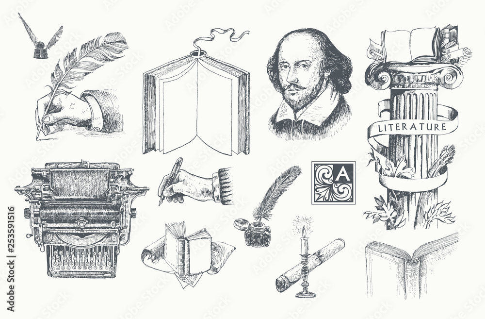 Vecteur Stock Literature hand drawn vector set. Inkwell, writing tools ...