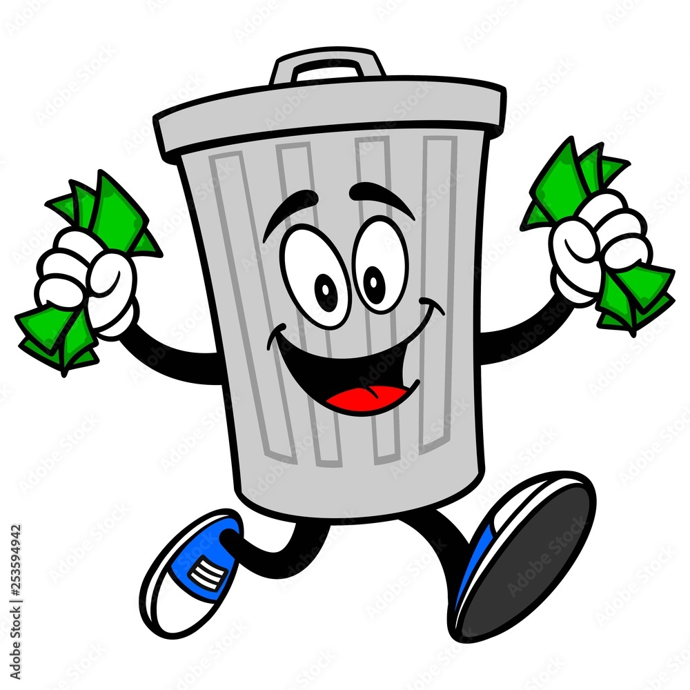 Trash Can Mascot running with Money - A vector cartoon illustration of ...