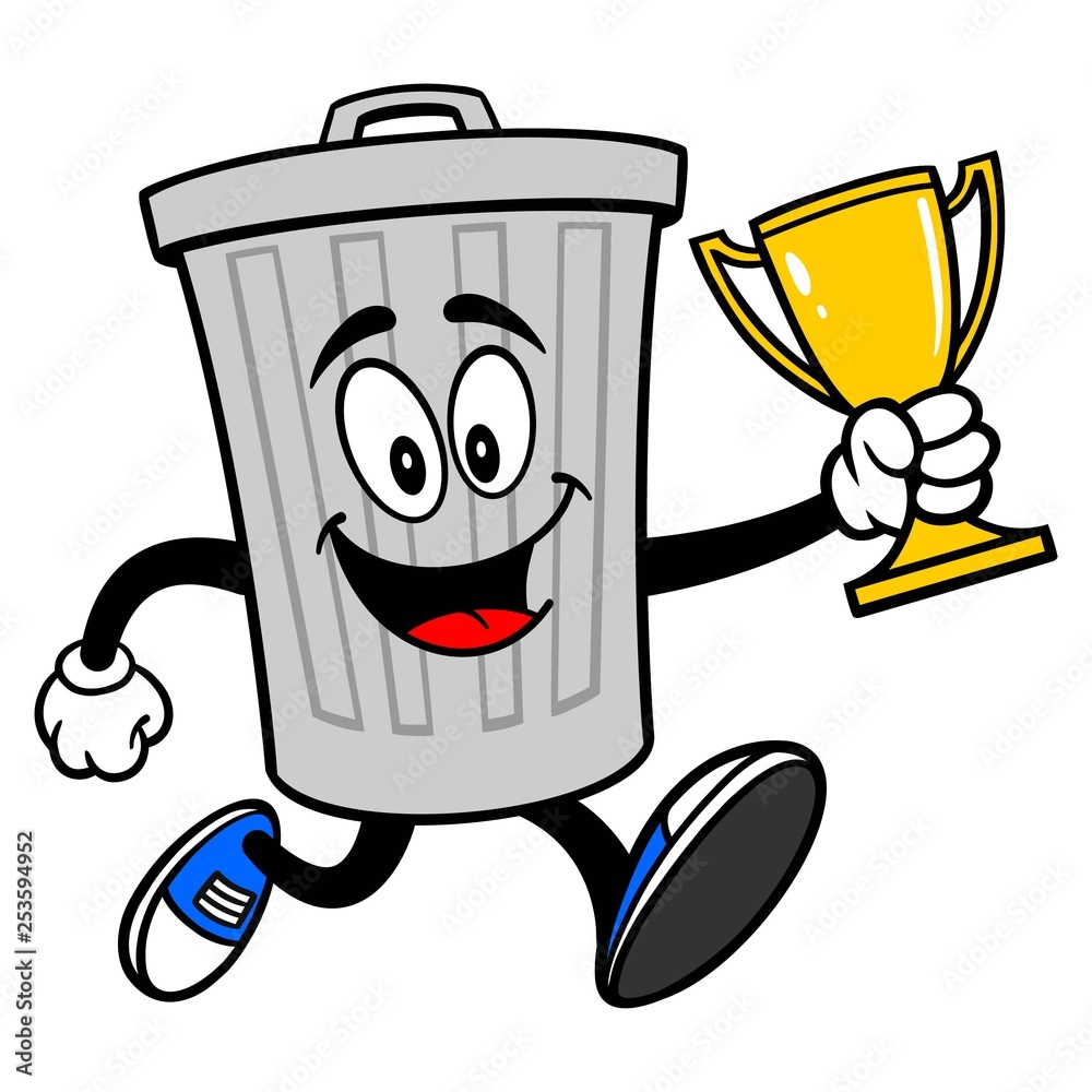 Trash Can Mascot running with a Trophy - A vector cartoon illustration ...