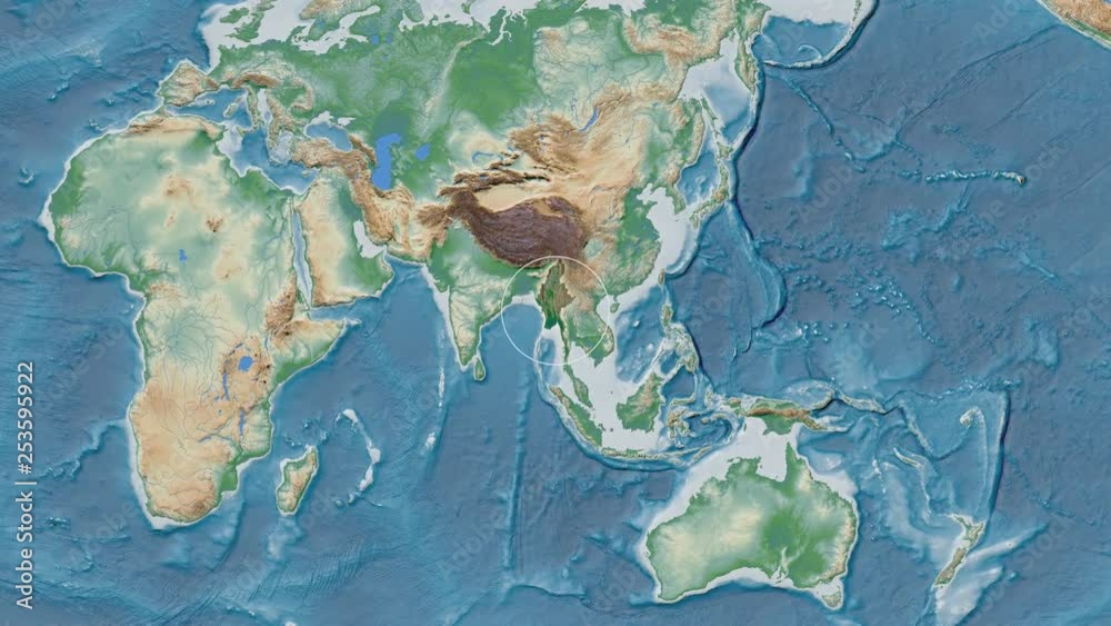 Myanmar area presented against the global physical map in the ...