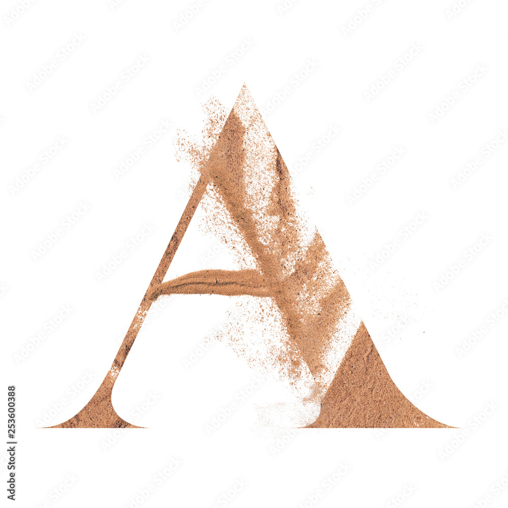 Sand alphabet, letters of sand isolated on white background. Top view ...