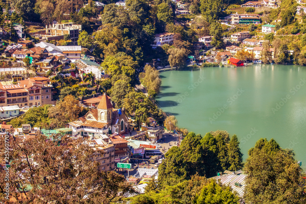 Aerial view of Nainital cityscape with famous Nainital lake considered ...