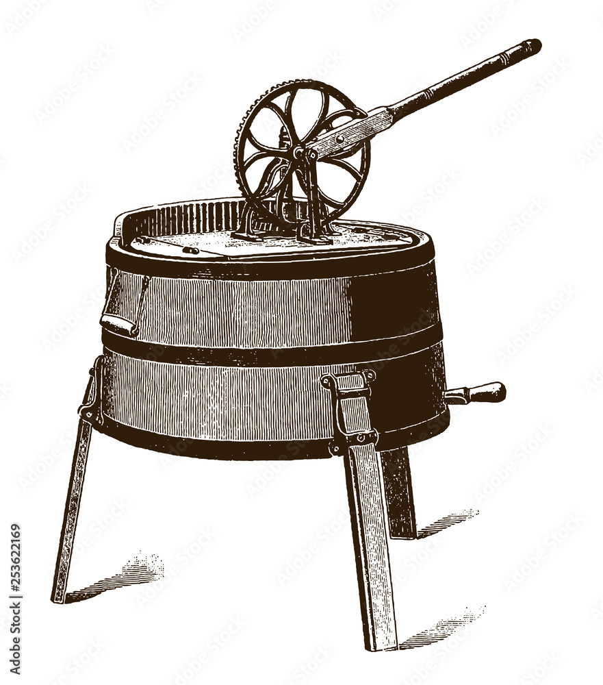 Vetor de Historical mechanical washing machine (after an engraving or ...