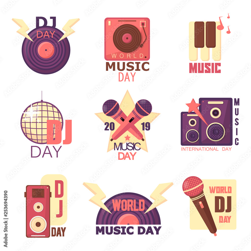World Dj day set of vector vintage emblems,labels badges and logos of ...